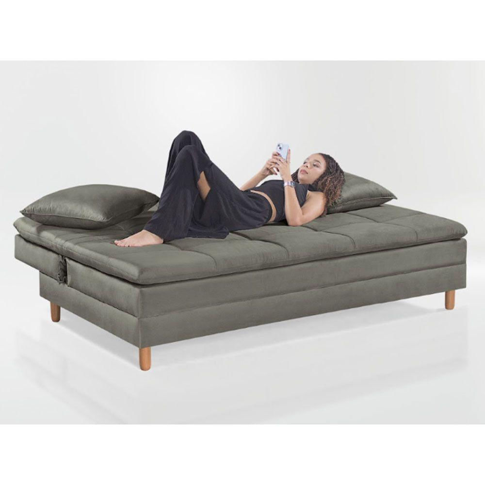 Sofá Cama Vegas 185cm Pé De Madeira Talento Móveis Prata