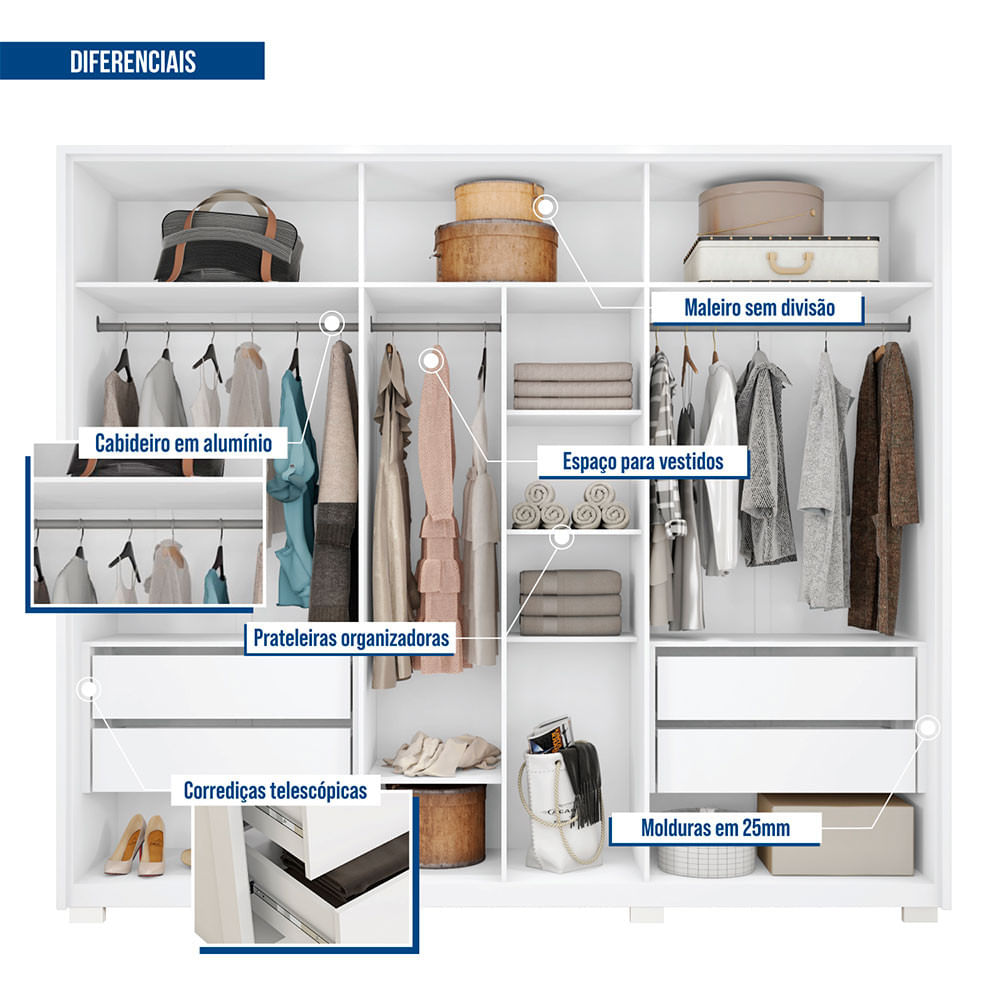 Guarda Roupa Casal Apollo Lux com Espelhos 6 Portas 4 Gavetas Caemmun ...