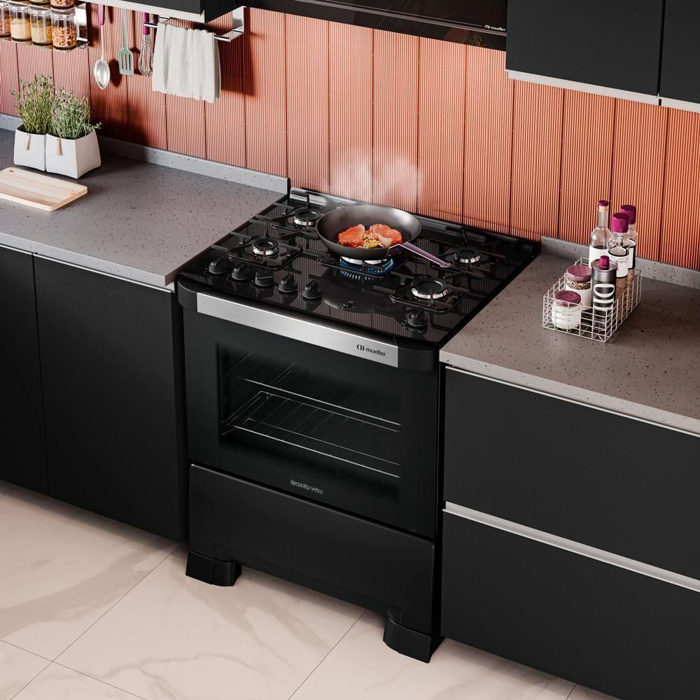 Fogão Mueller 5 Bocas Decorato Vetro Preto Fosco Com Mesa De Vidro ...