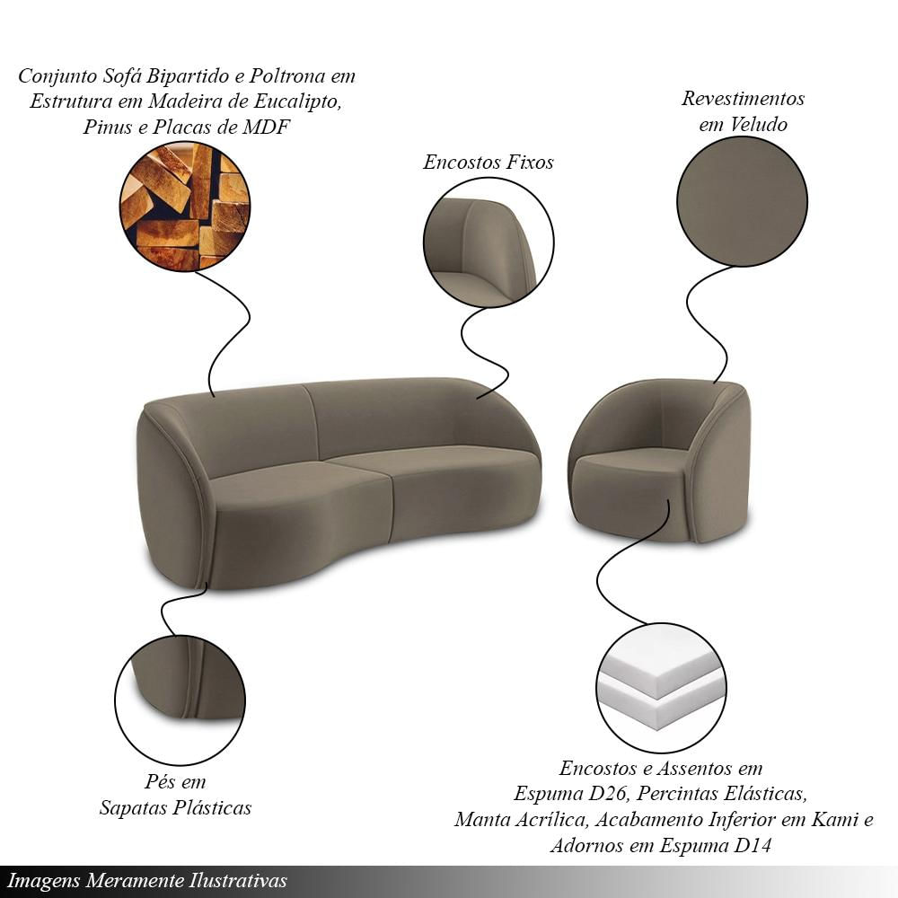 Conjunto Sofá Sala de Estar Bipartido 288cm e Poltrona Clarke Veludo ...