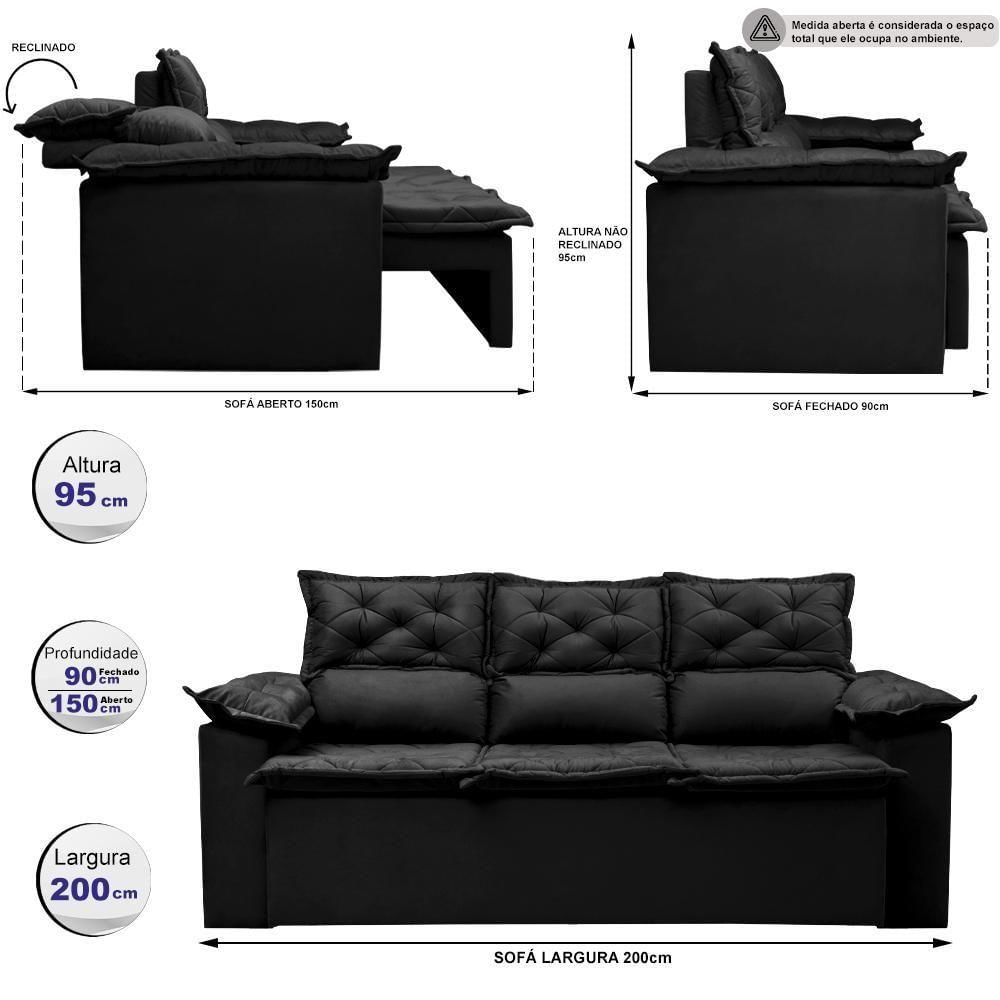 Sofá 3 Lugares Retrátil E Reclinável Cama Inbox Compact 2,00m Velusoft ...