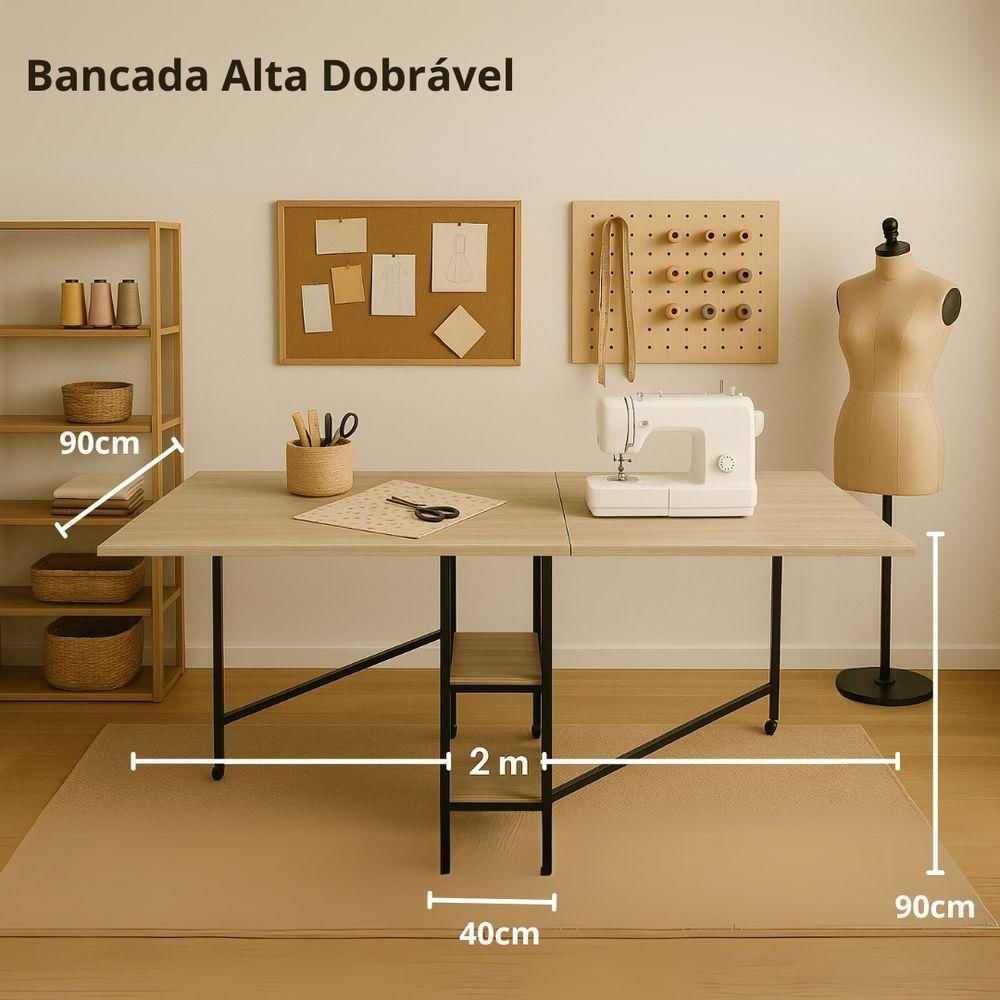 Bancada Alta Dobrável 2m Branco Ergonômica Multiuso Para Atelier Festa Cozinha Mdf Ferro
