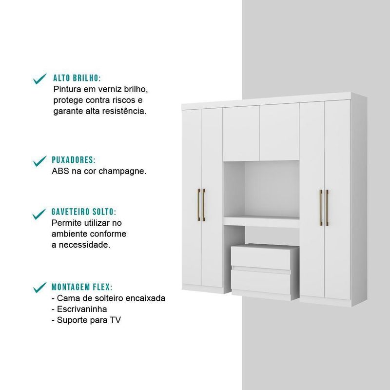 Guarda Roupa Infantil 6 Portas Branco C/ Escrivaninha