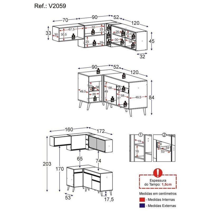 Armário De Cozinha Completa De Canto V2059 Preto/dourado