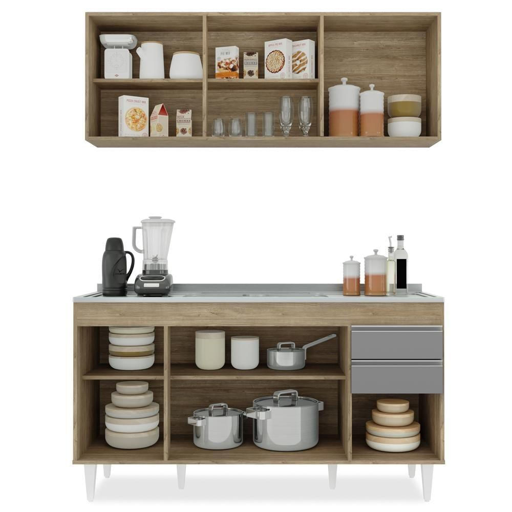 Armário Aéreo Argélia E Balcão Com Pia 150cm Marrocos Castanho-cinza ...