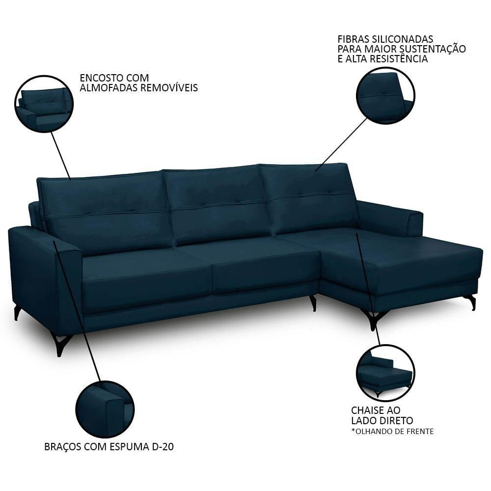 Sofá 4 Lugares Com Chaise Direito 285cm Soreh F05 Veludo Azul ...