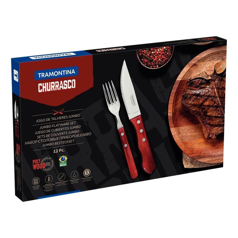 Jogo de Churrasco em Aço Inox Jumbo Tramontina Polywood Vermelho 12 Peças